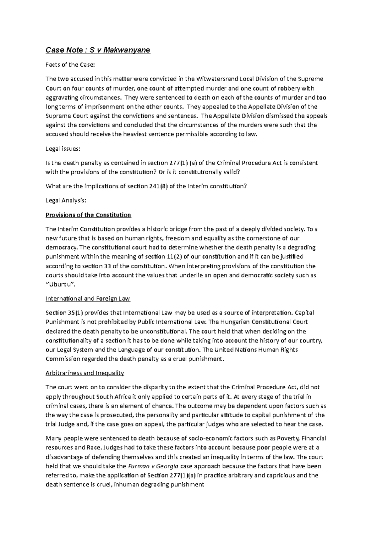 JJTV102 S v Makwanyane Case Note 2 - Case Note : S v Makwanyane Facts ...