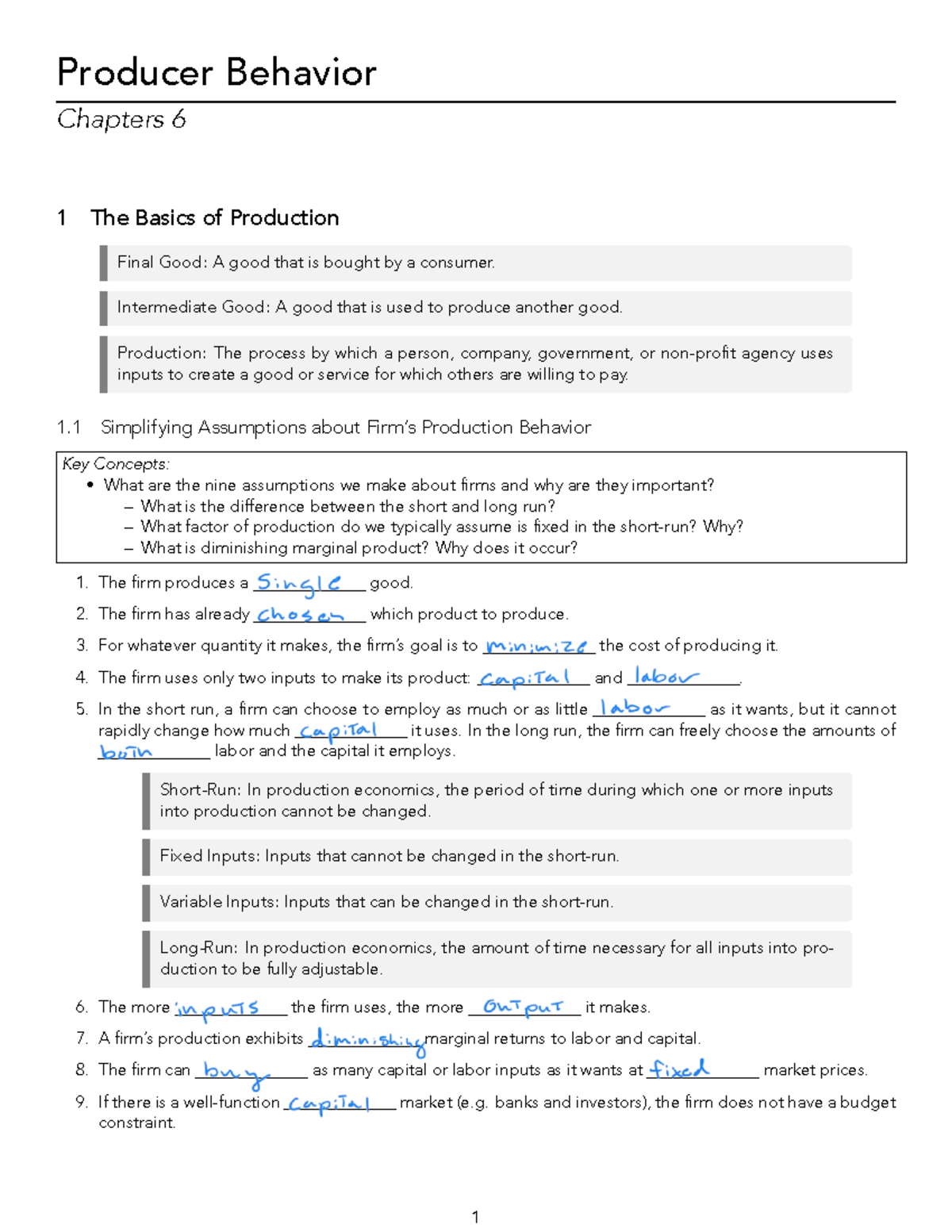 Chapter 6 student 104a - lecture notes - Producer Behavior Chapters 6 1 ...