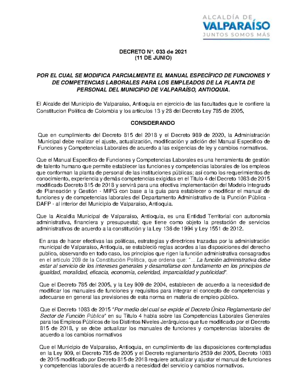 Decreto n 033 de 2021 manual de funciones mpio de valparaiso 2021 final ...