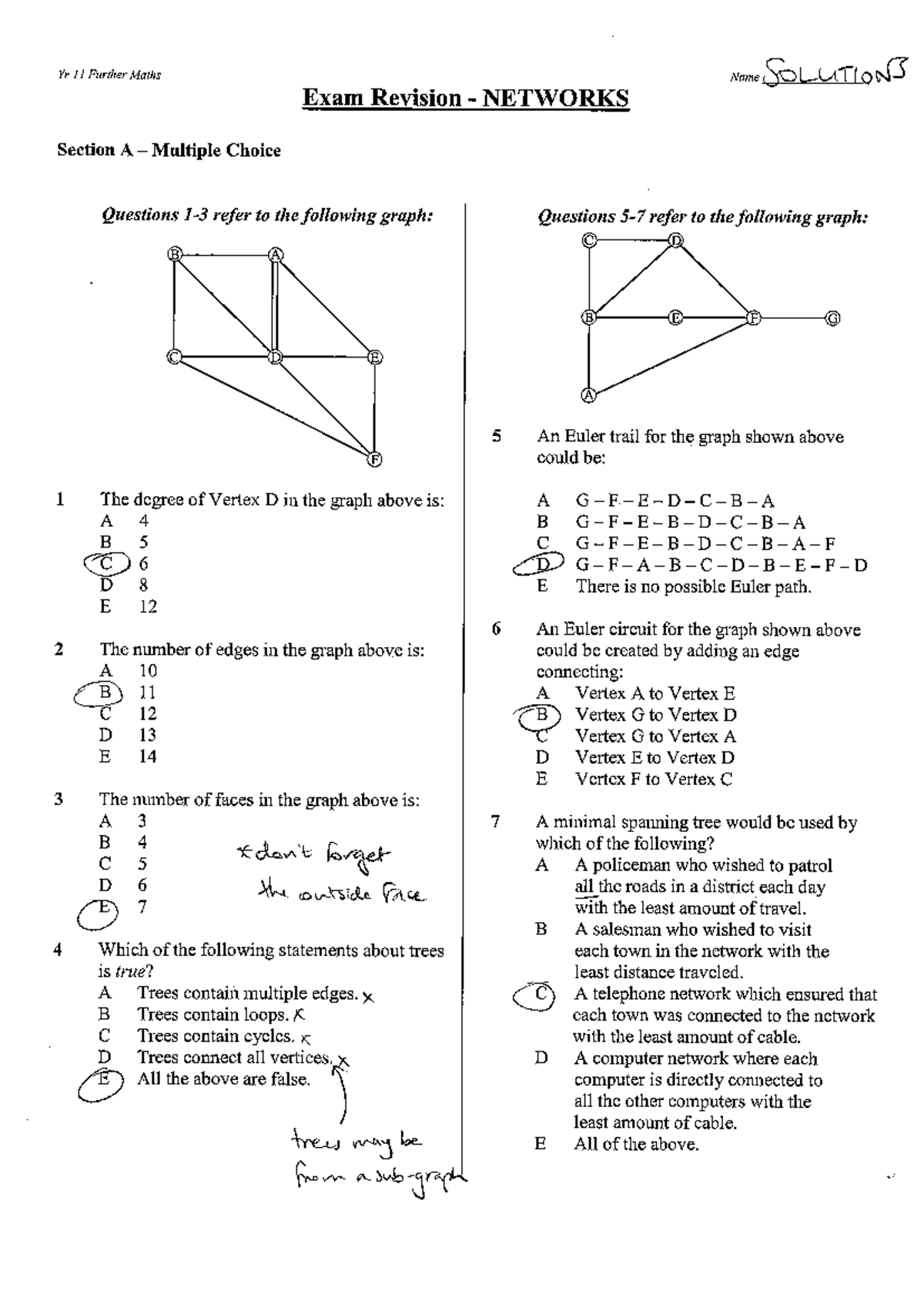 Networks Questions Solutions - Yr 11 Further Maths Name SOLUTIONS Exam ...
