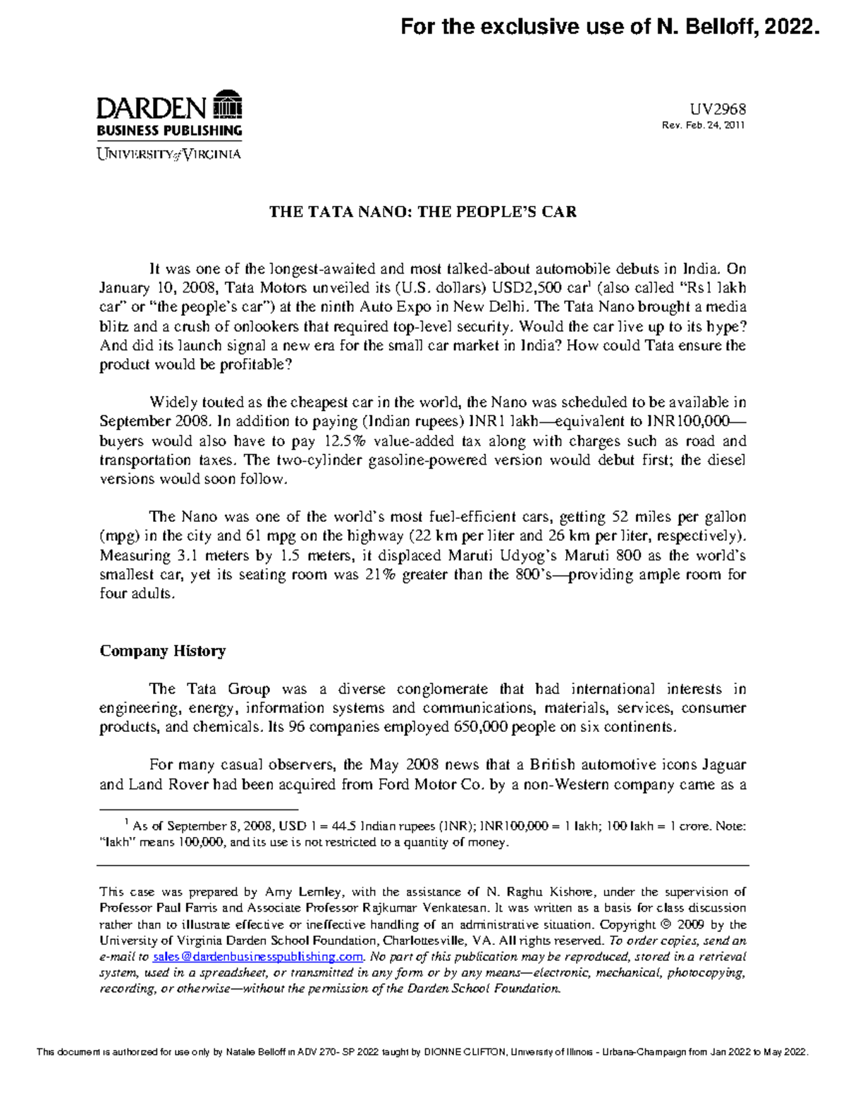 The tata nano- the people's car - UV Rev. Feb. 24, 2011 This case was ...