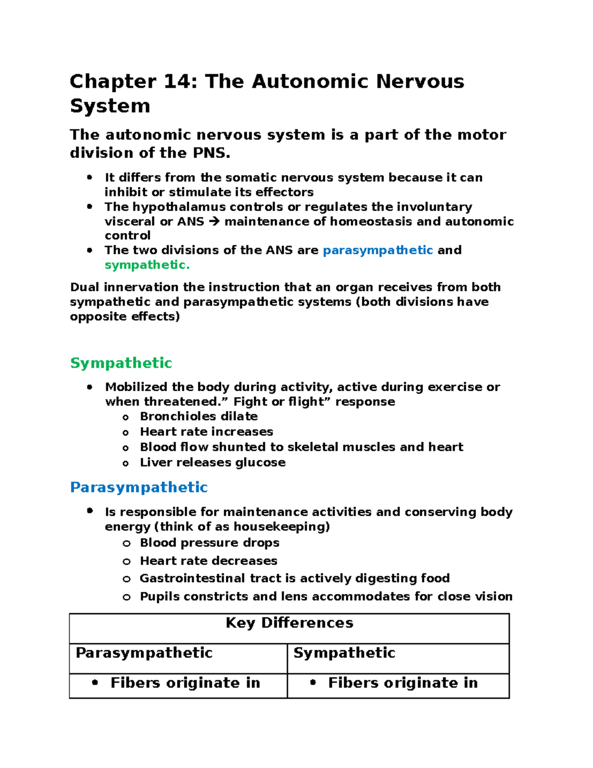 Autonomic Nervous System: Chapter 14 Summary - Studocu