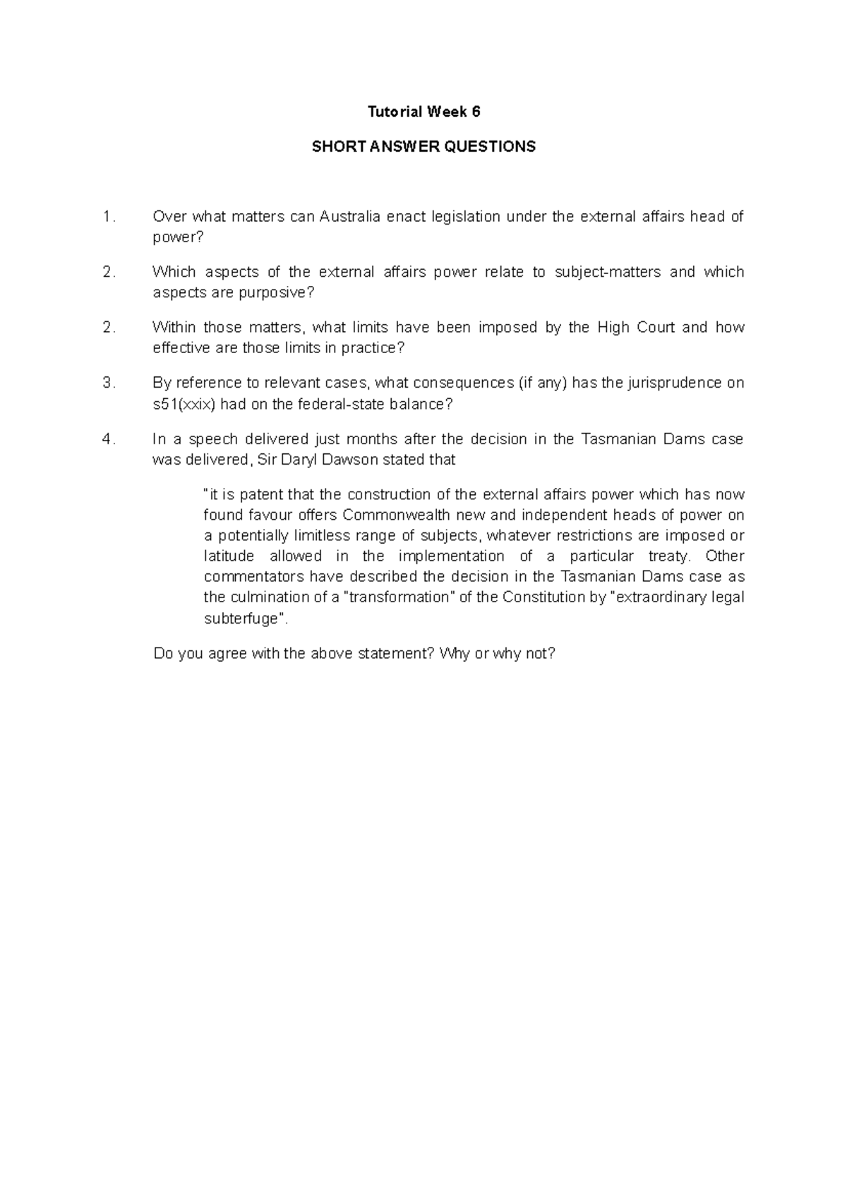 Con Law Tutorial Week 6 (External Affairs Power) - Tutorial Week 6 ...
