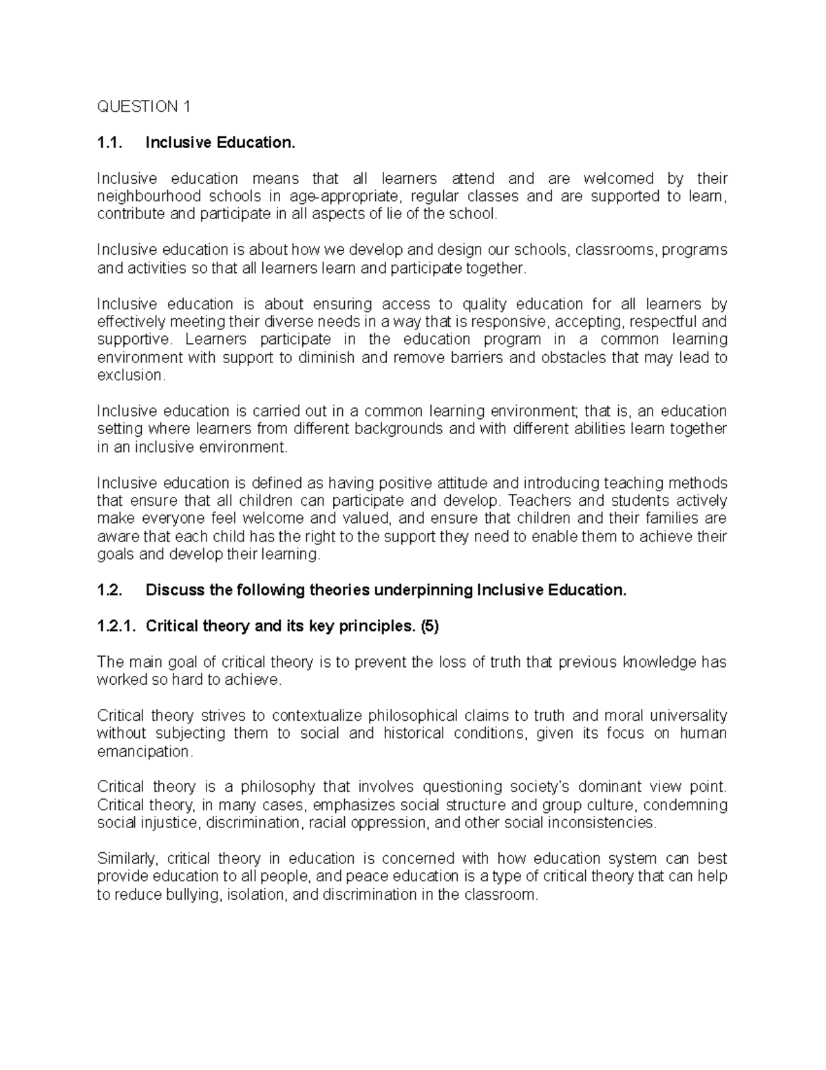 Assignment 2 - QUESTION 1 1. Inclusive Education. Inclusive education ...