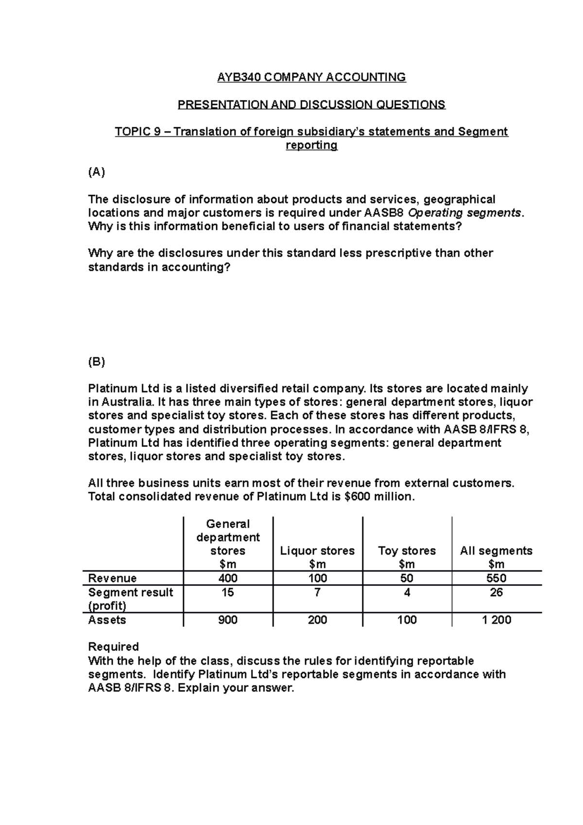 Presentation Questions - Topic 9 - AYB340 COMPANY ACCOUNTING ...