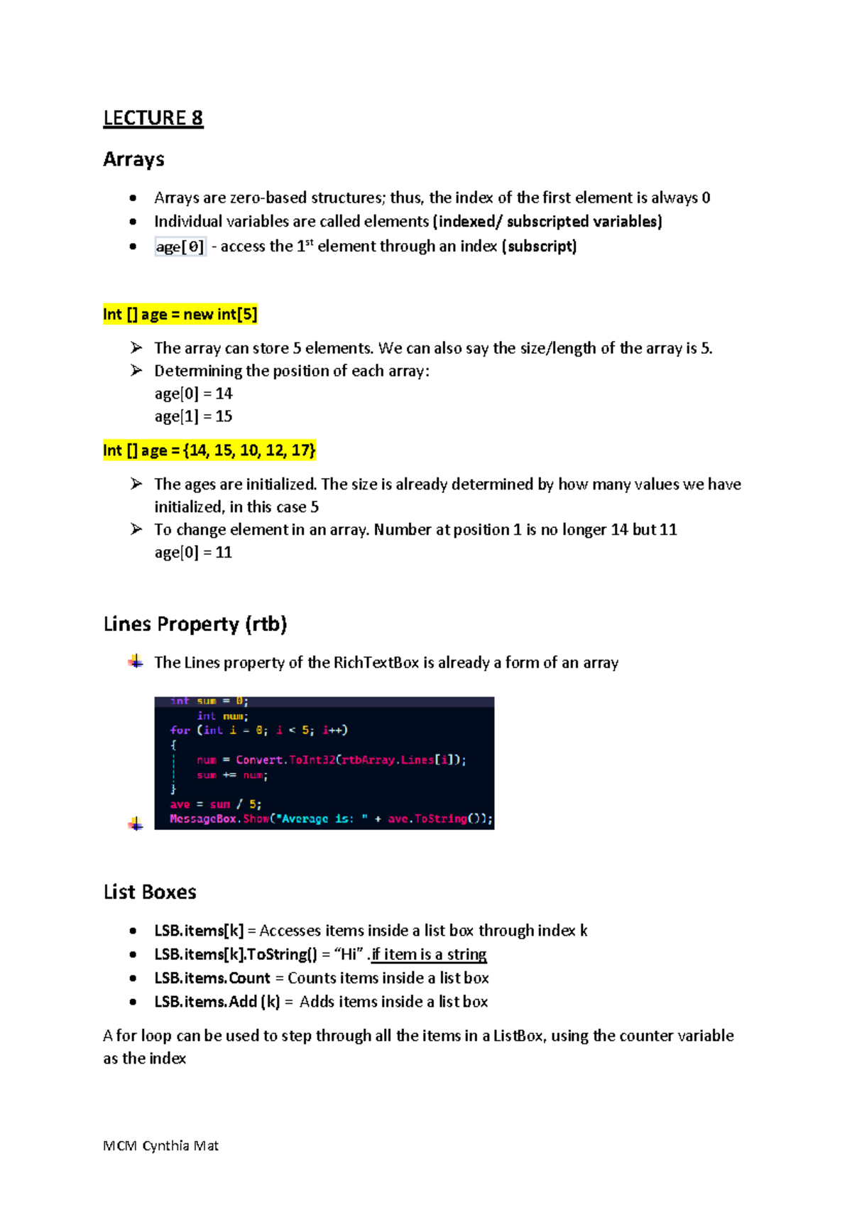 Lecture 8 10 Inf154 Summary Informatics Lecture 8 Arrays Arrays Are