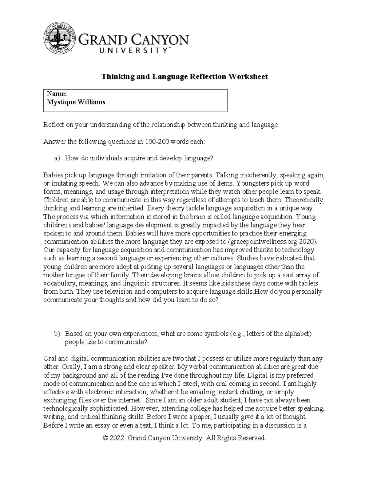 PHI105 - classwork - Thinking and Language Reflection Worksheet Name ...