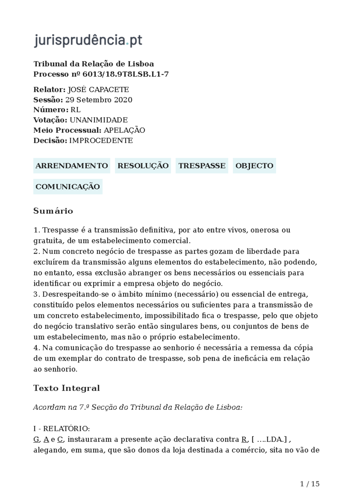 Comunicacao-senhorio-trespasse-TRL - 6013 18 - Tribunal da Relação de ...