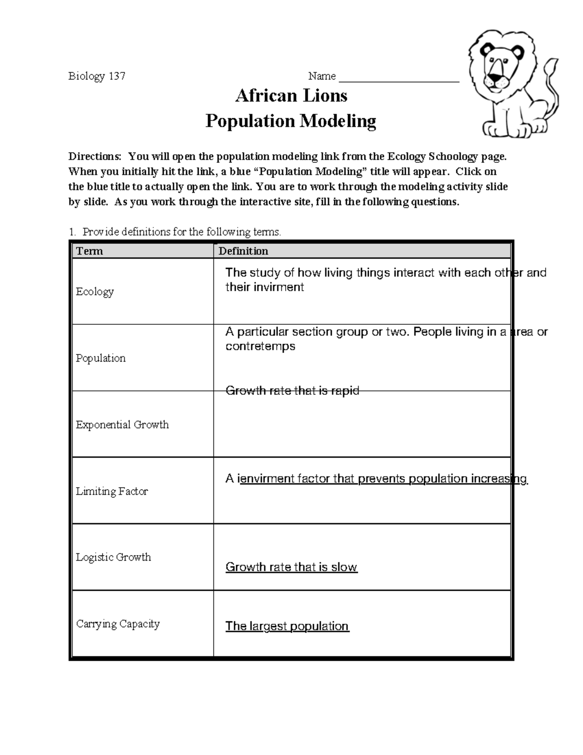 S137 African Lion Population Modeling - Biology 137 Name ...