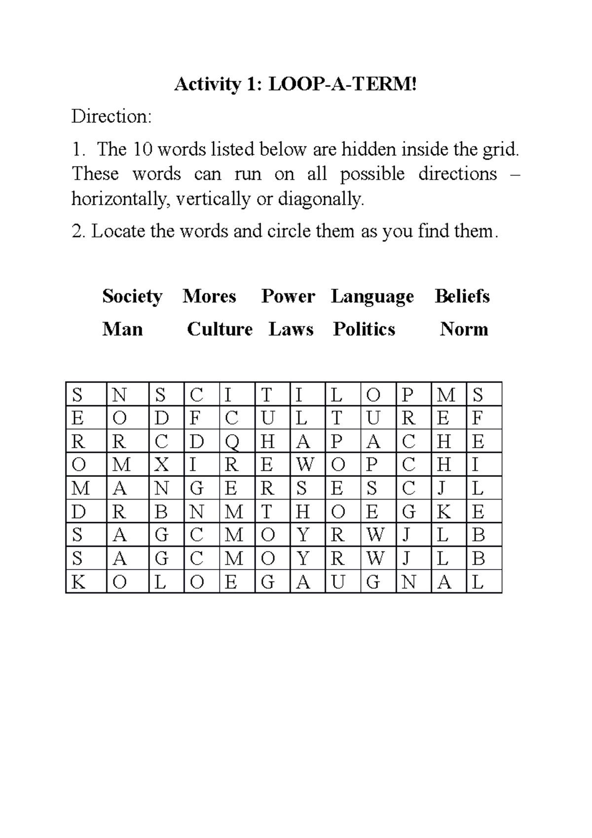 Activity 1 - UCSP - Activity 1: LOOP-A-TERM! Direction: The 10 words ...