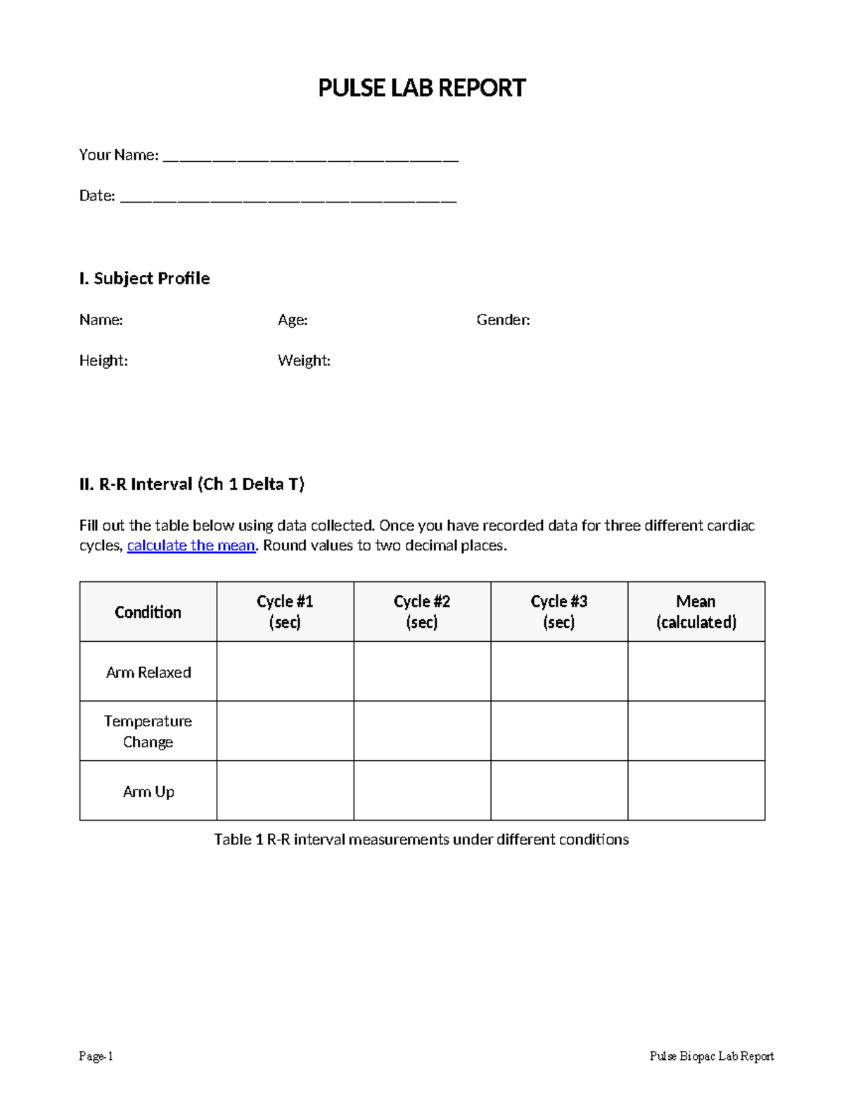 Pulse Lab Report Form - Tagged - PULSE LAB REPORT Your Name