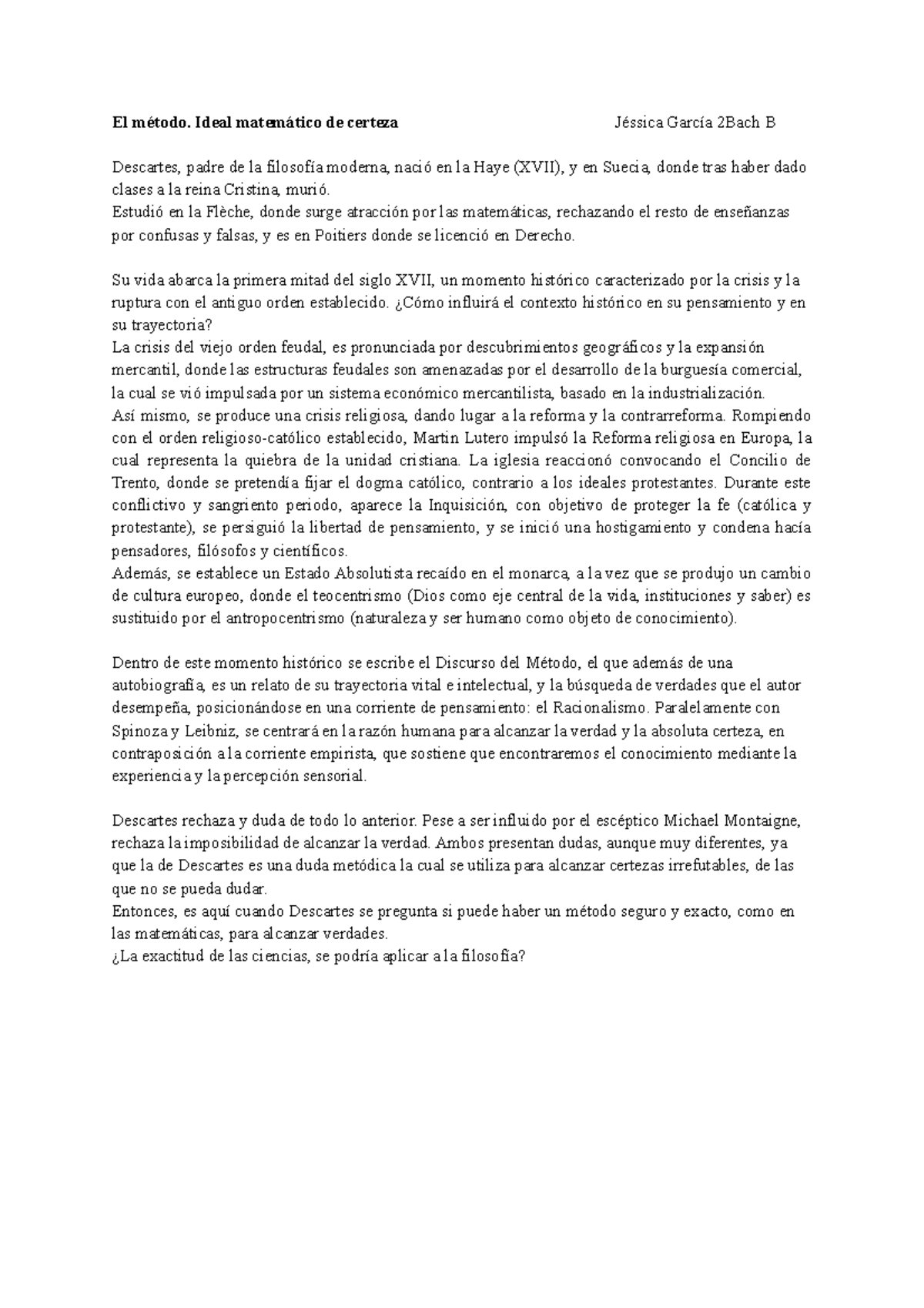 Descartes- La duda metódica - El método. Ideal matemático de certeza ...