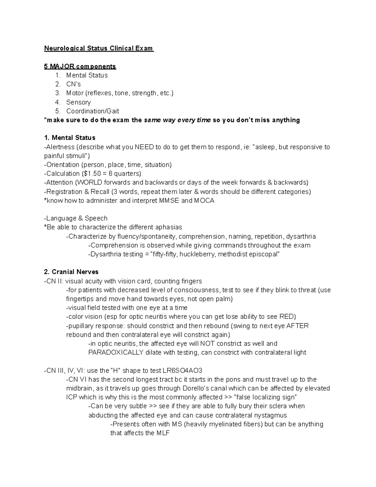Neurological Exam Notes - Neurological Status Clinical Exam 5 MAJOR ...