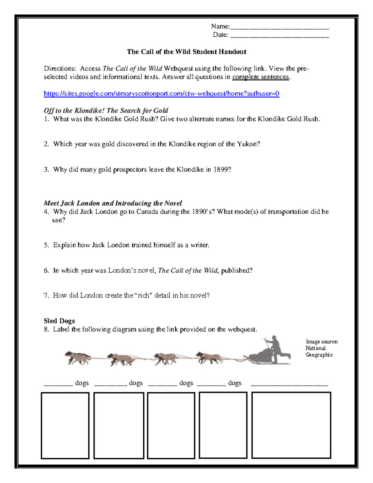 The Call of the Wild Webquest Student Handout PDF File - Name