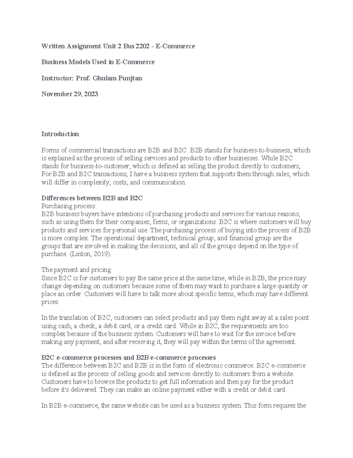 Written Assignment Unit 2 Bus 2202 - Written Assignment Unit 2 Bus 2202 - E-Commerce Business ...