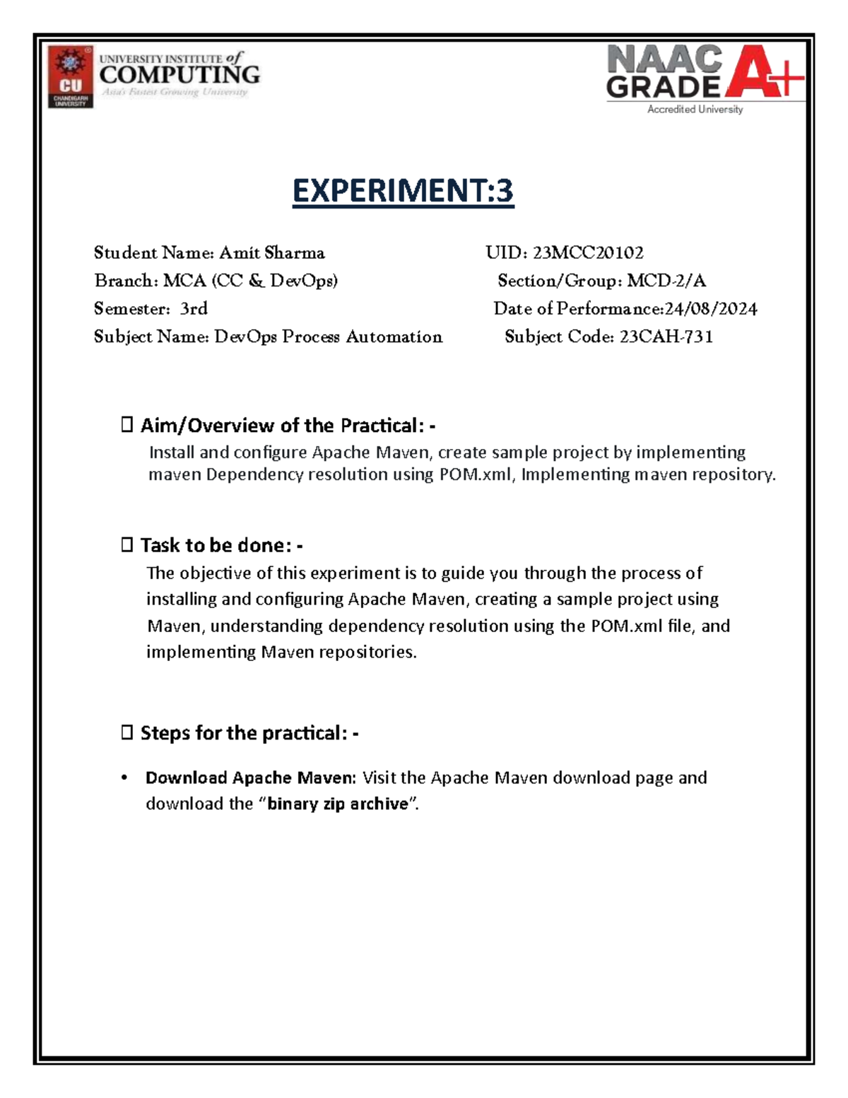 Amit Dev Ops Exp 3 - it is about devops - EXPERIMENT: Student Name: Amit Sharma UID: 23MCC20 102 ...