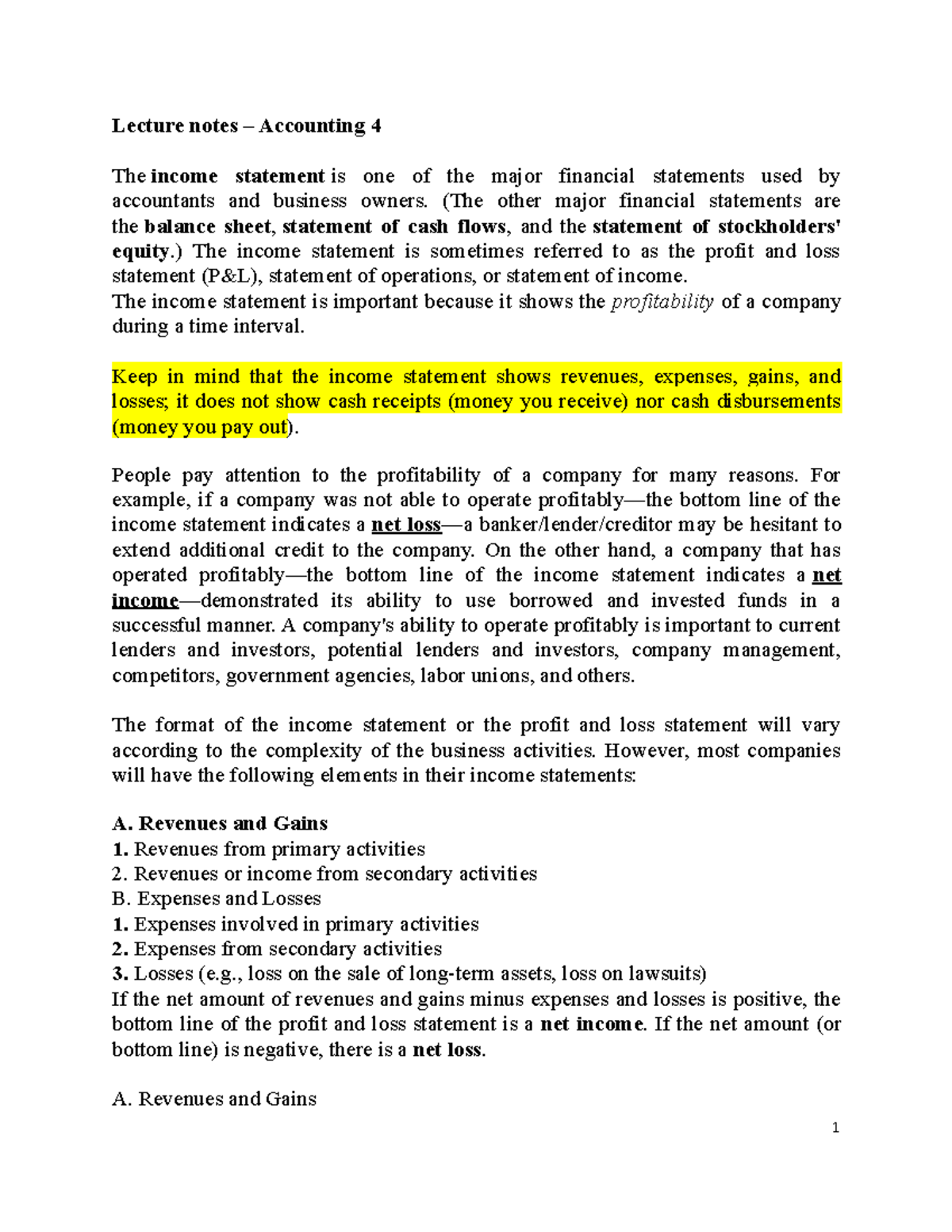 Lecture notes-Accouting 4 - Lecture notes – Accounting 4 The income ...