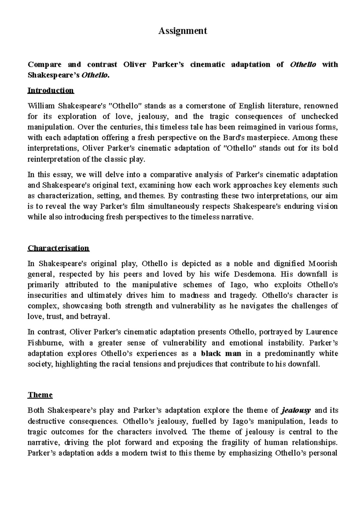 Assignment GE - Assignment Compare and contrast Oliver Parker’s ...