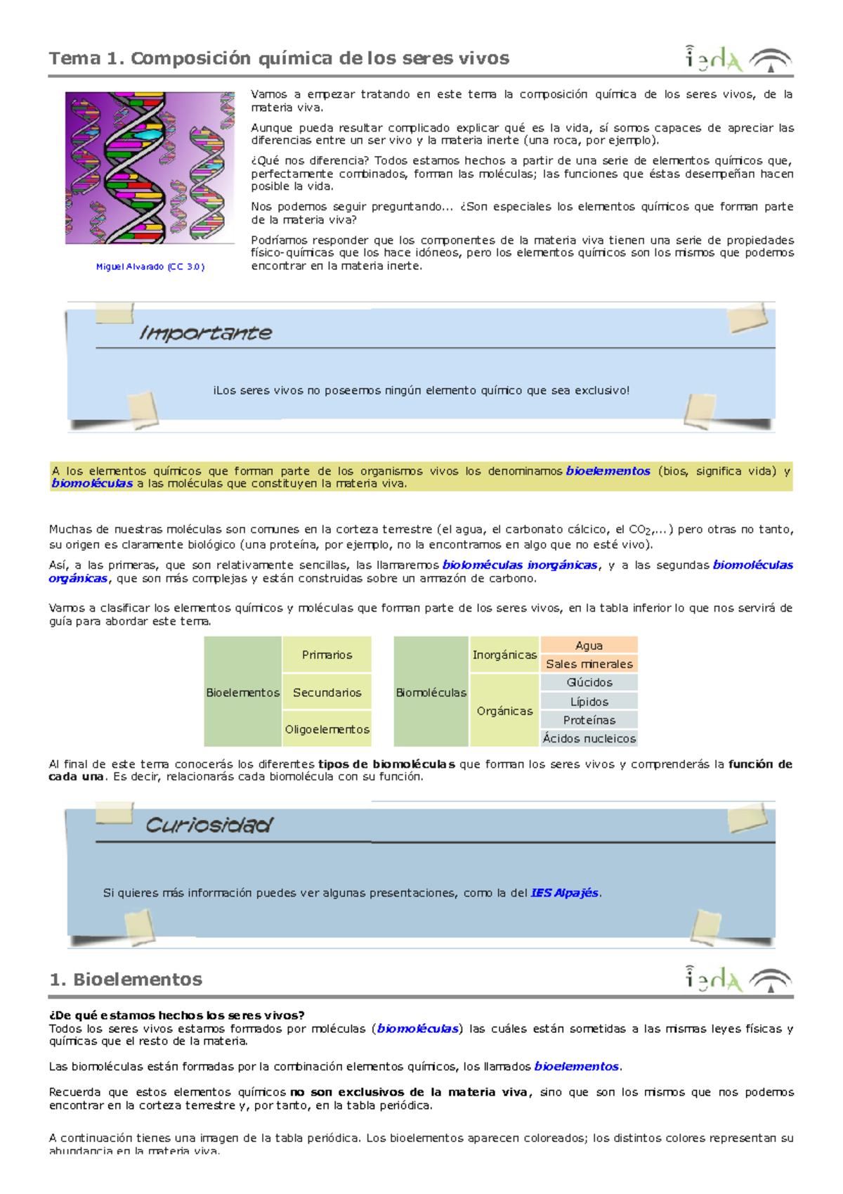 IEDA. Composición química de los seres vivos - Tema 1. Composición química de los seres vivos 1 ...