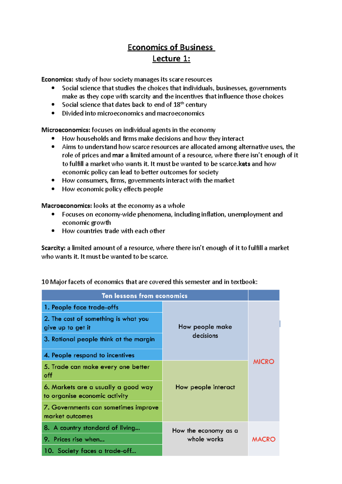 Business economics - Economic lecture notes for semester - Economics of Business Lecture 1 ...