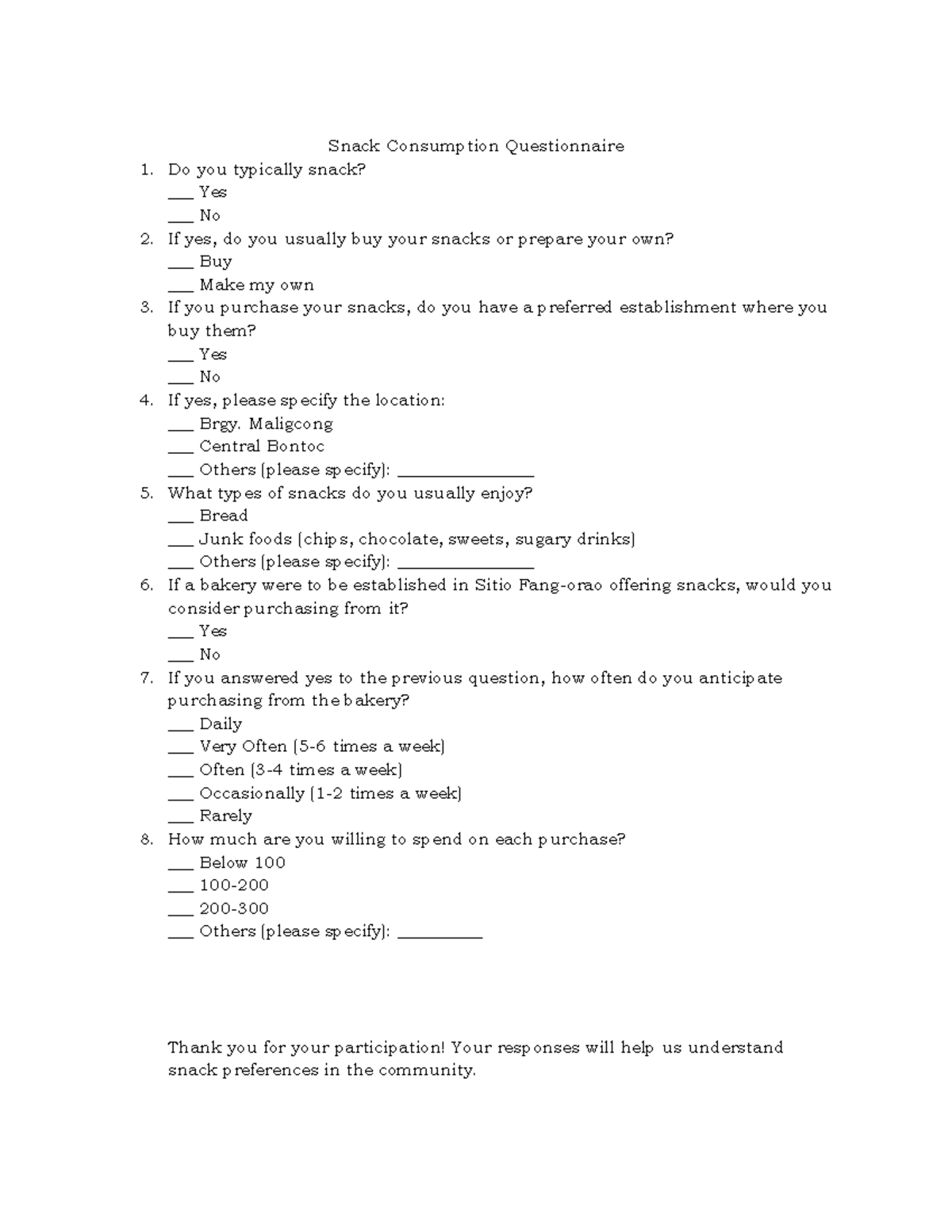 Snack Consumption Questionnaire - Maligcong ___ Central Bontoc ...
