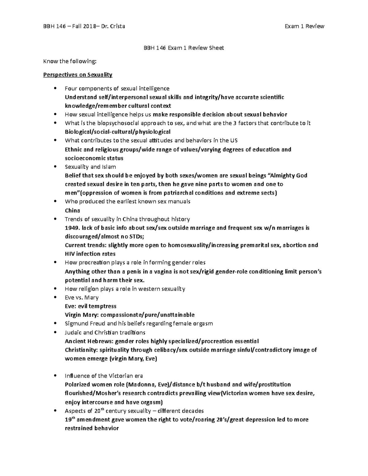 BBH 146 Exam 1 Review - BBH 146 Fall Dr. Crista Exam 1 Review BBH 146 ...
