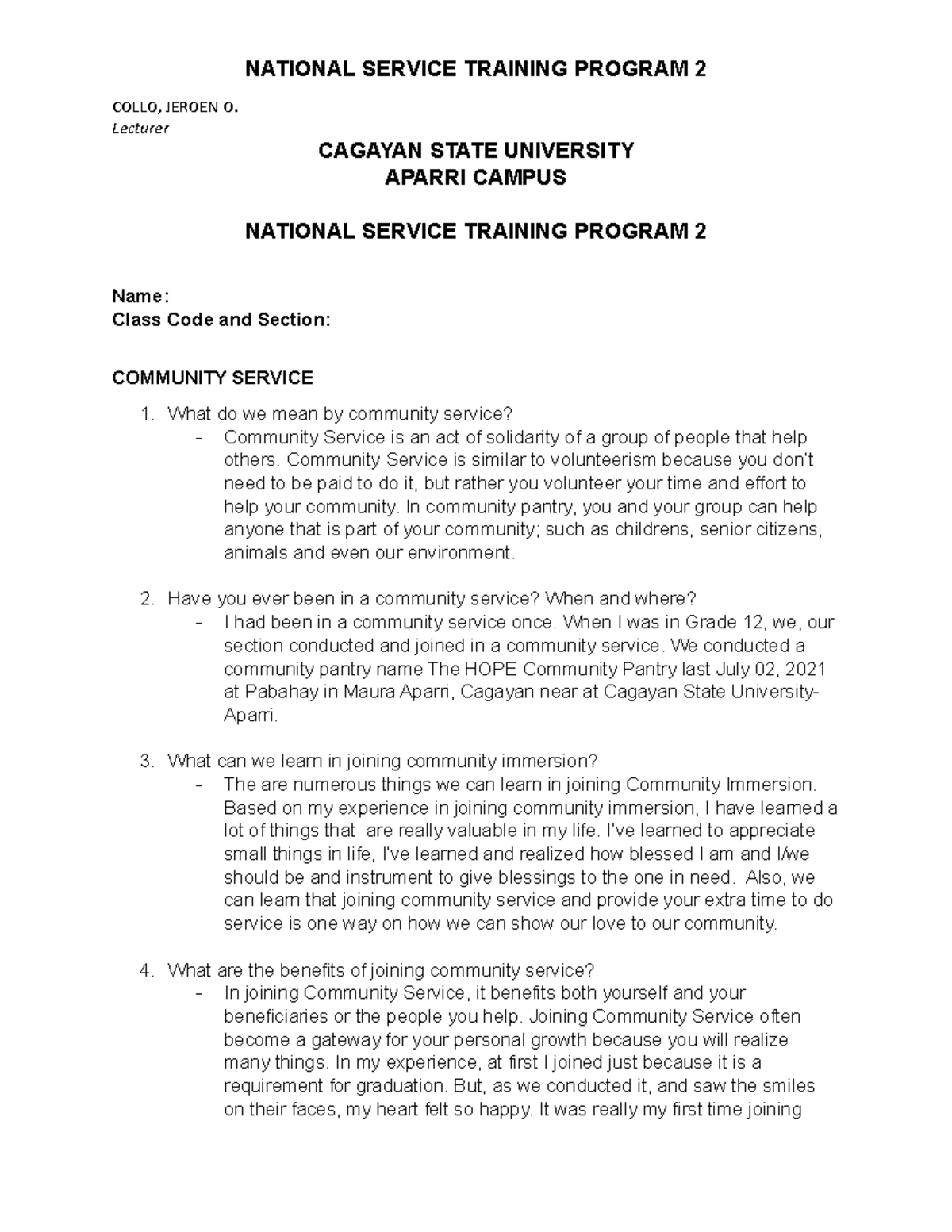 Module 1 Community Service - NATIONAL SERVICE TRAINING PROGRAM 2 COLLO ...