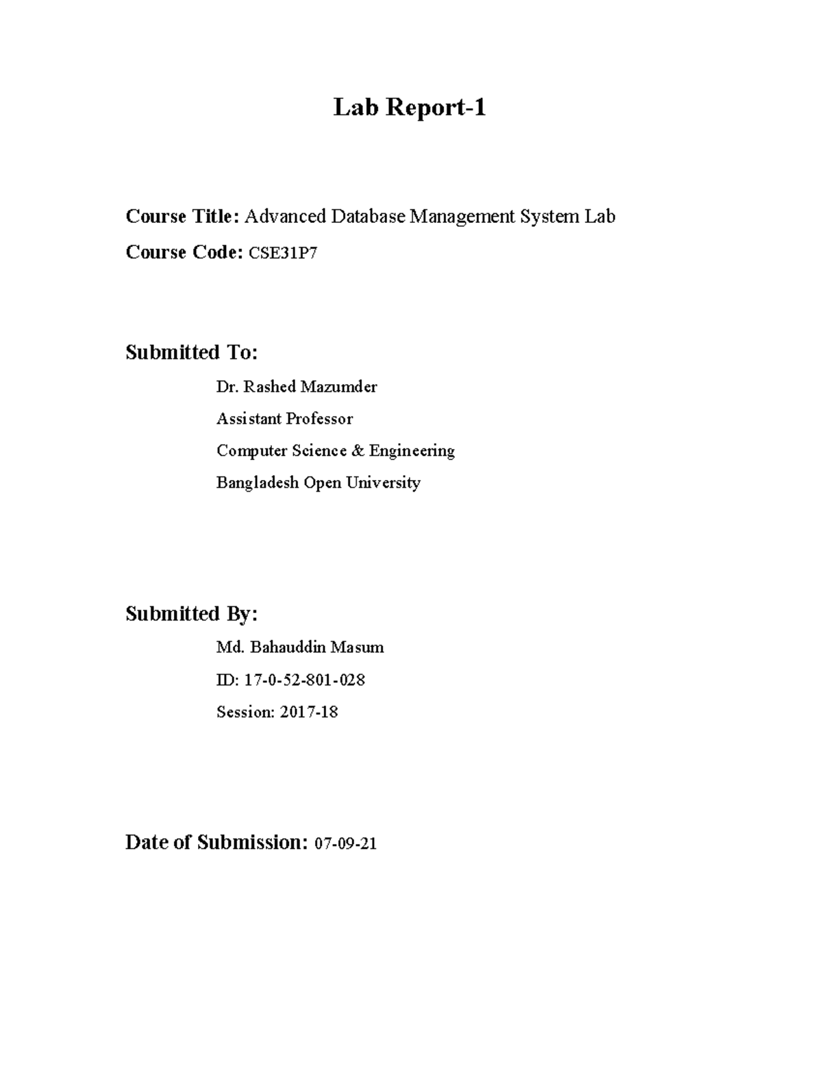 Adbms Lab Report - 1 (ID - 17-0-52-801-028) - Lab Report- Course Title ...