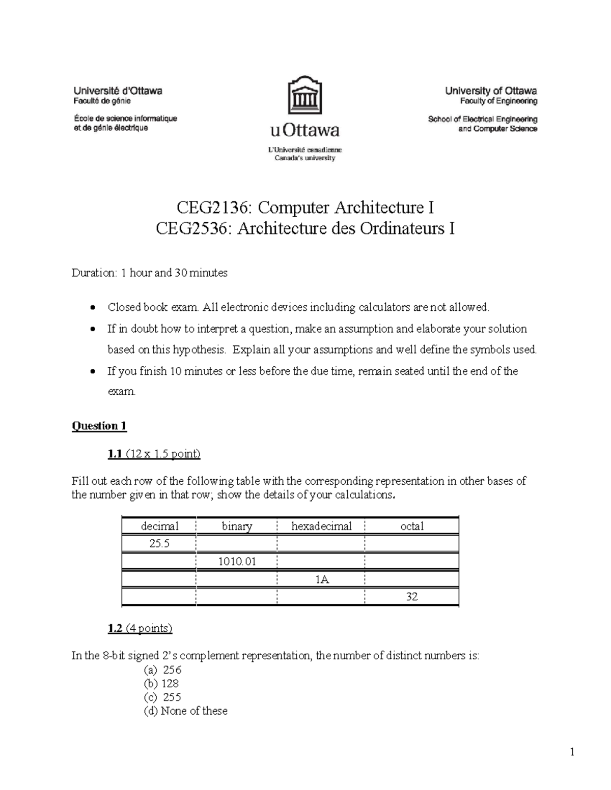 CEG2136 Fall 2011 Midterm - 1 CEG2136: Computer Architecture I CEG2536: Architecture des ...