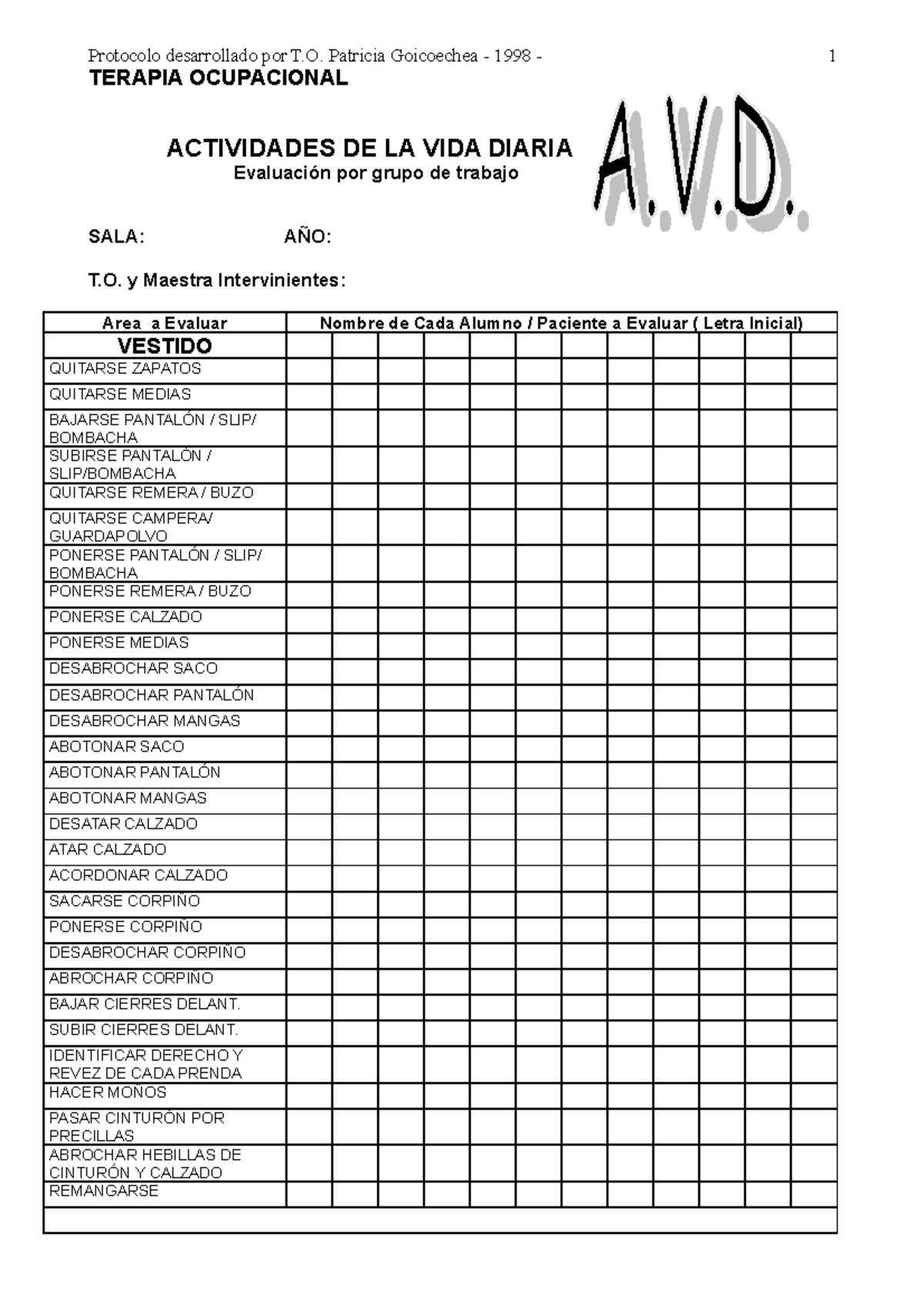 Evaluación de A.V.D. (en escuela) - TERAPIA OCUPACIONAL ACTIVIDADES DE ...