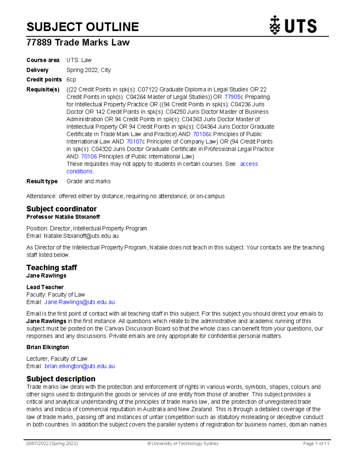 Trade Mark Law Subject Outline - SUBJECT OUTLINE 77889 Trade Marks Law ...