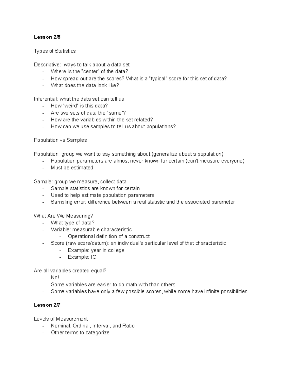 Exam 1 Notes - Lesson 2/ Types of Statistics Descriptive: ways to talk ...