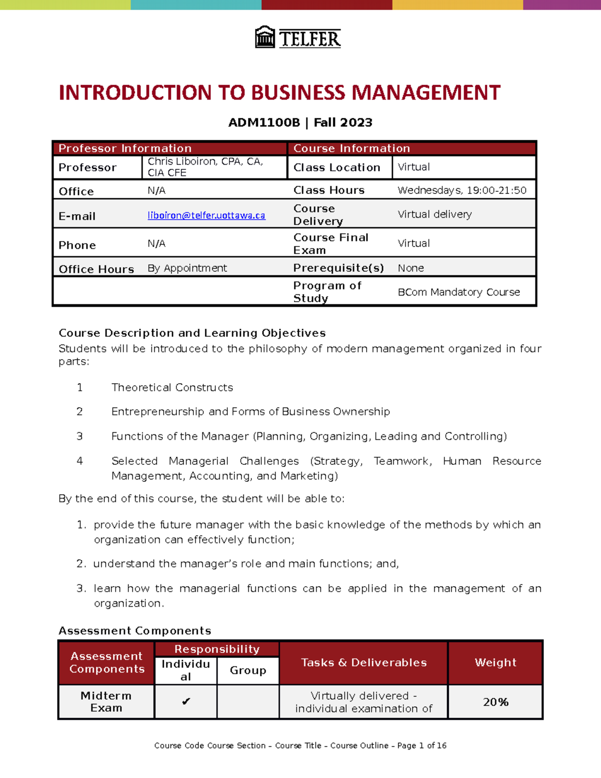 ADM1100 Syllabus - Summary Introduction to Business Management ...