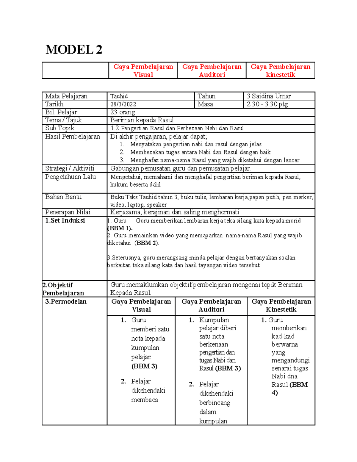 RPH Model 2 VARK - rph - MODEL 2 Gaya Pembelajaran Visual Gaya ...