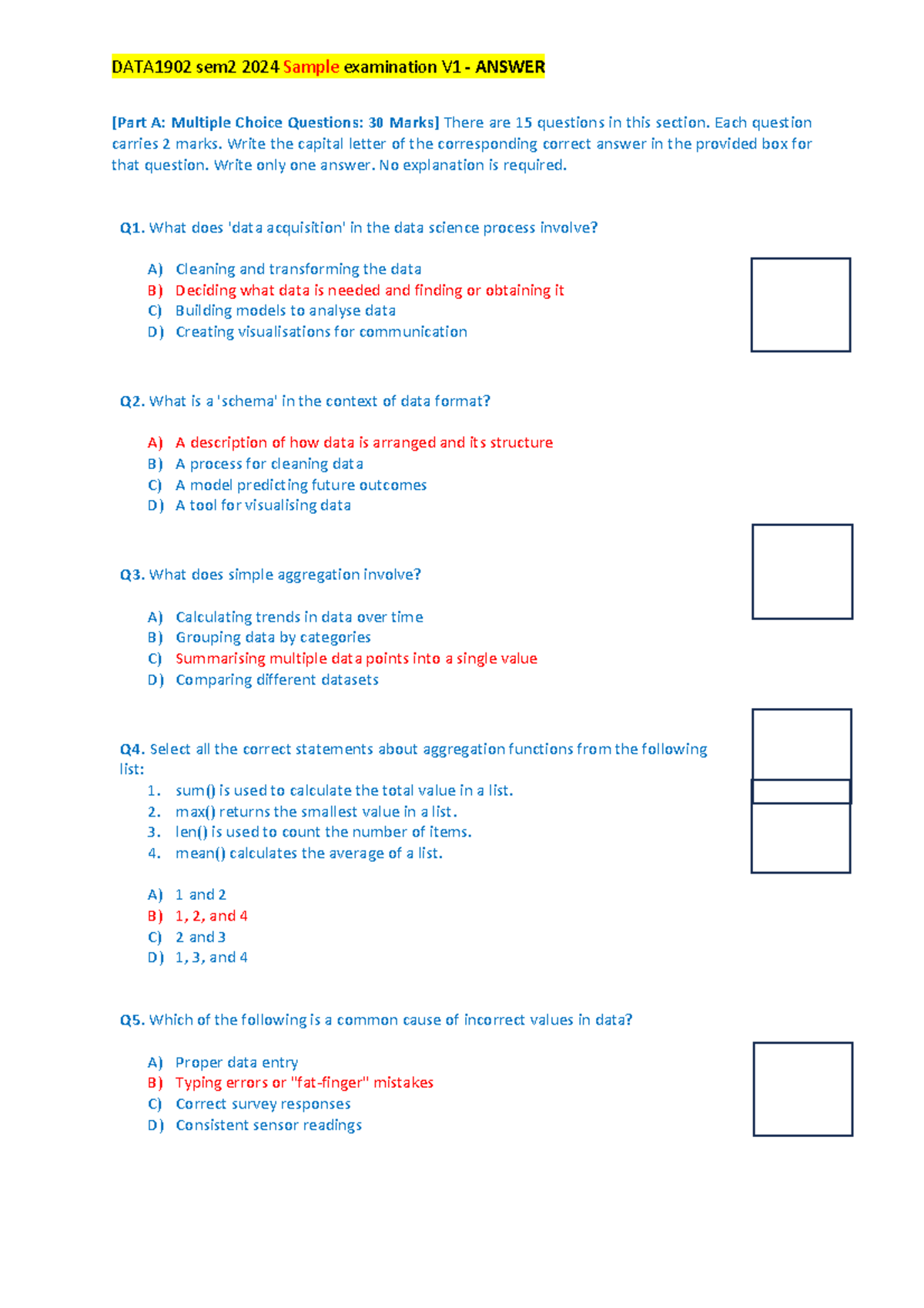 Data1902-2024-sample exam- Answer v2 - [Part A: Multiple Choice Questions: 30 Marks] There are ...
