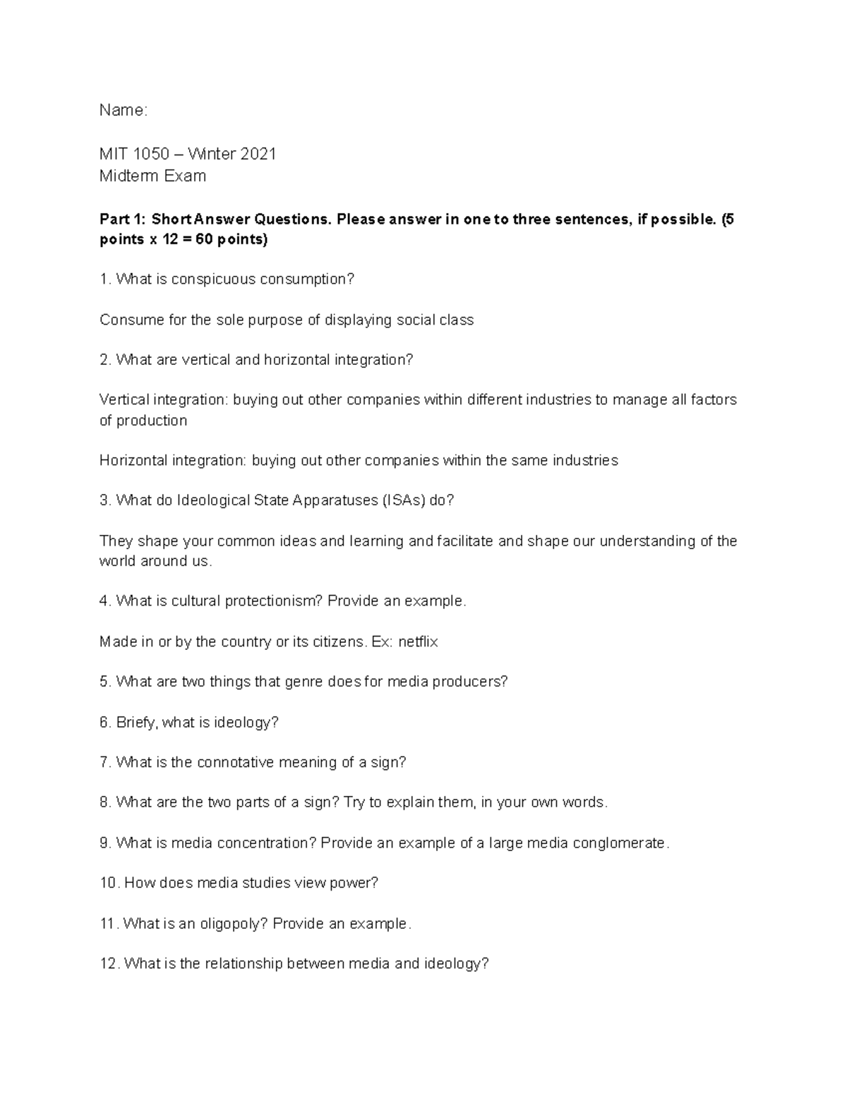 MIT 1050 Midterm Questions - Name: MIT 1050 – Winter 2021 Midterm Exam Part 1: Short Answer ...