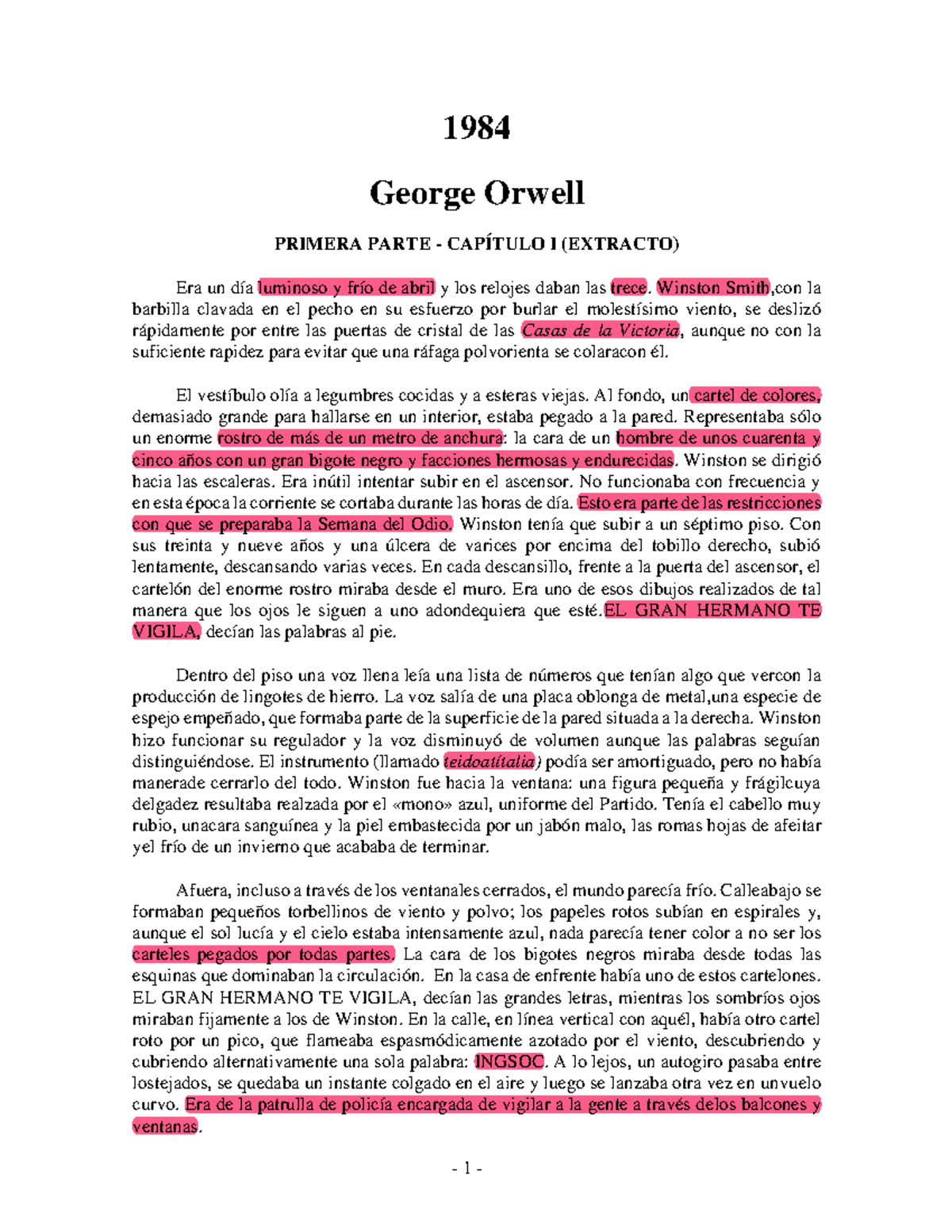 1984, George Orwell (Extractos) - 1984 George Orwell PRIMERA PARTE ...
