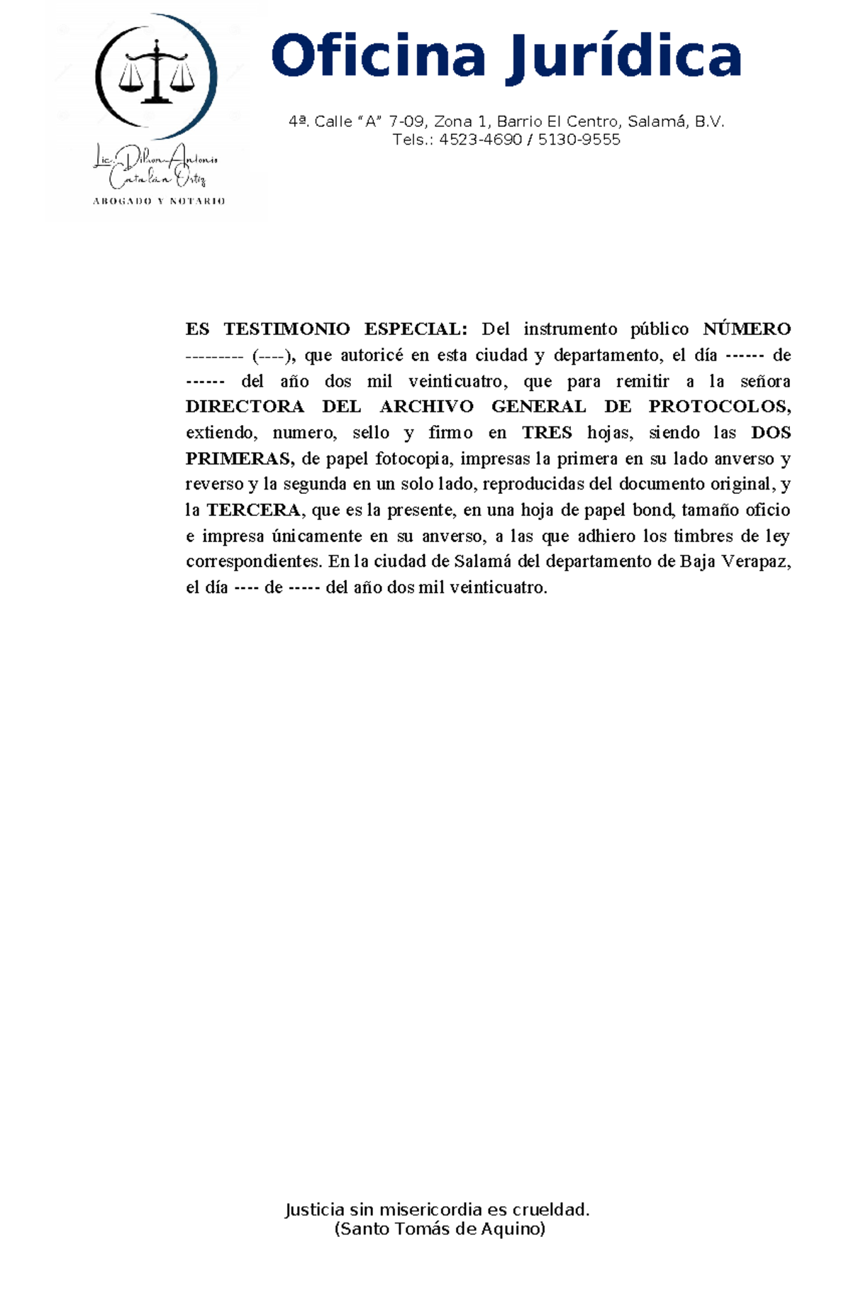 Testimonio Especial 19-2024 - Oficina Jurídica 4ª. Calle “A” 7-09, Zona ...