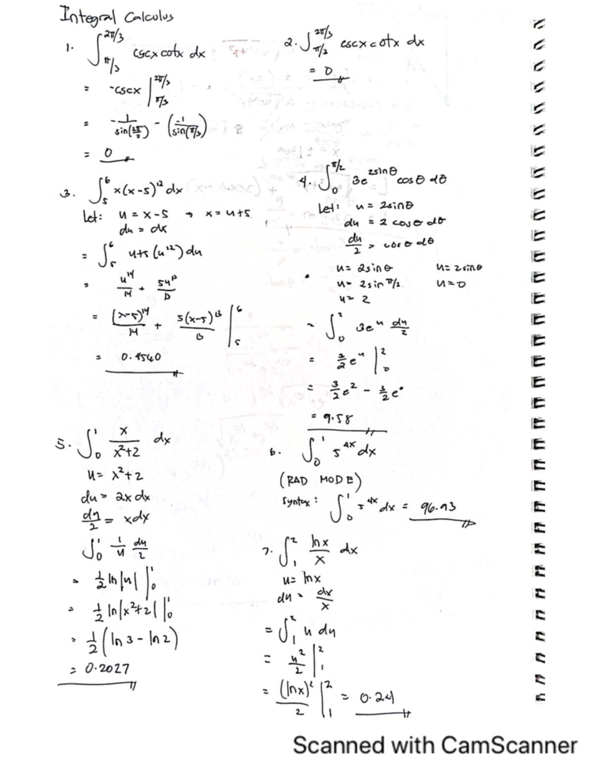 Integral Calculus Handout Solutions - Integral Calculus S 1. CSCX cotx ...