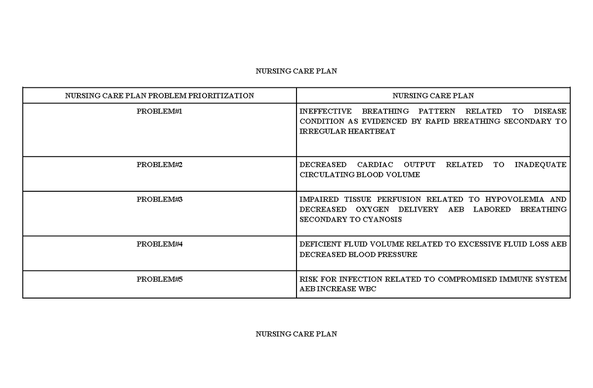 NCP- Shock - NURSING CARE PLAN NURSING CARE PLAN PROBLEM PRIORITIZATION ...