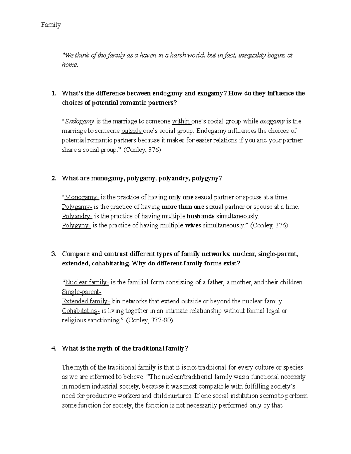 SOC Ch. 10 Prep Guide - Family *We think of the family as a haven in a ...