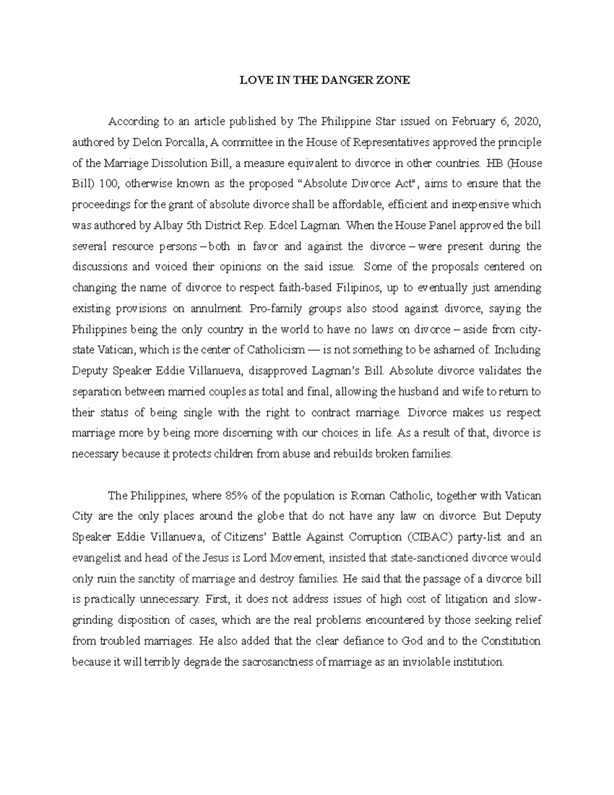 Divorce bill debate - LOVE IN THE DANGER ZONE According to an article ...