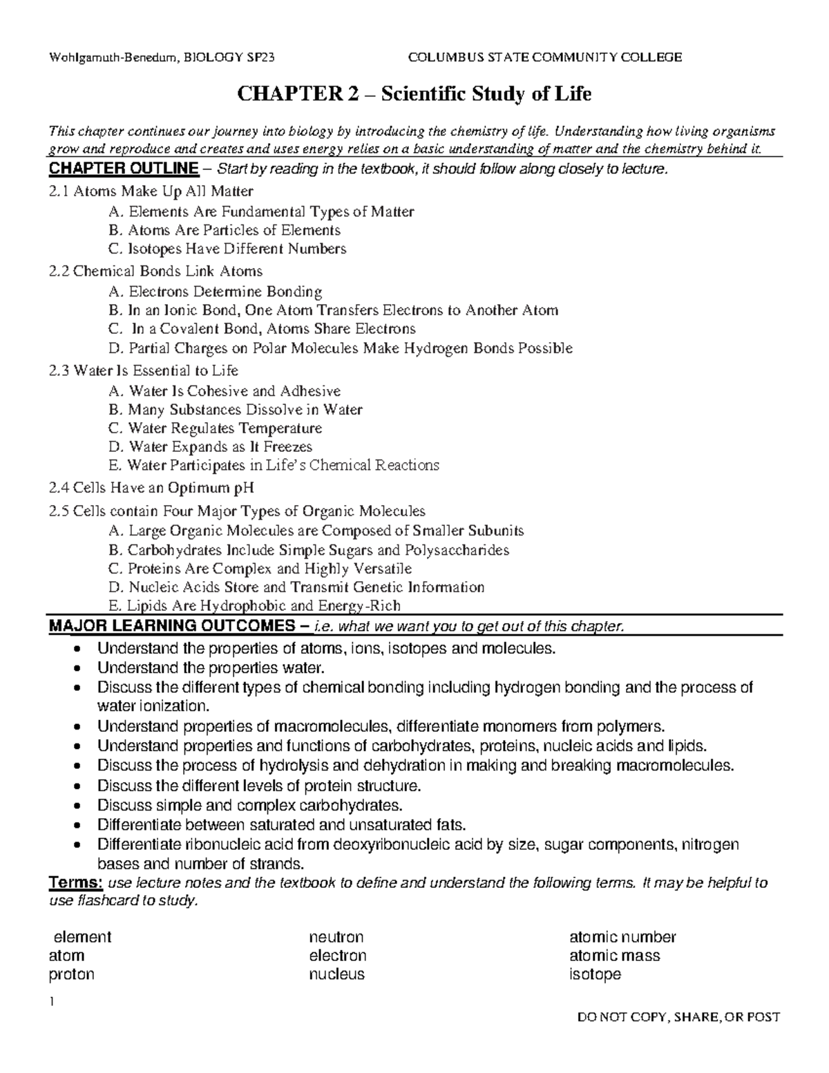 Biology Chapter 2 studyguide SP23 - Wohlgamuth-Benedum, BIOLOGY SP23 ...