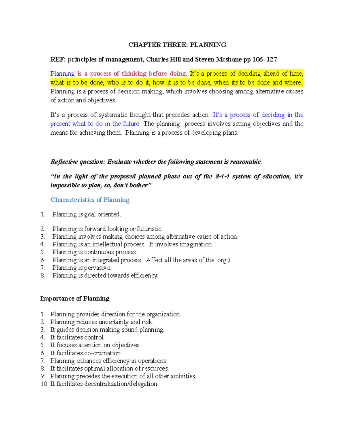 Chapter 3 - ASSIGNMENTS REVISION - CHAPTER THREE: PLANNING REF: principles of management ...