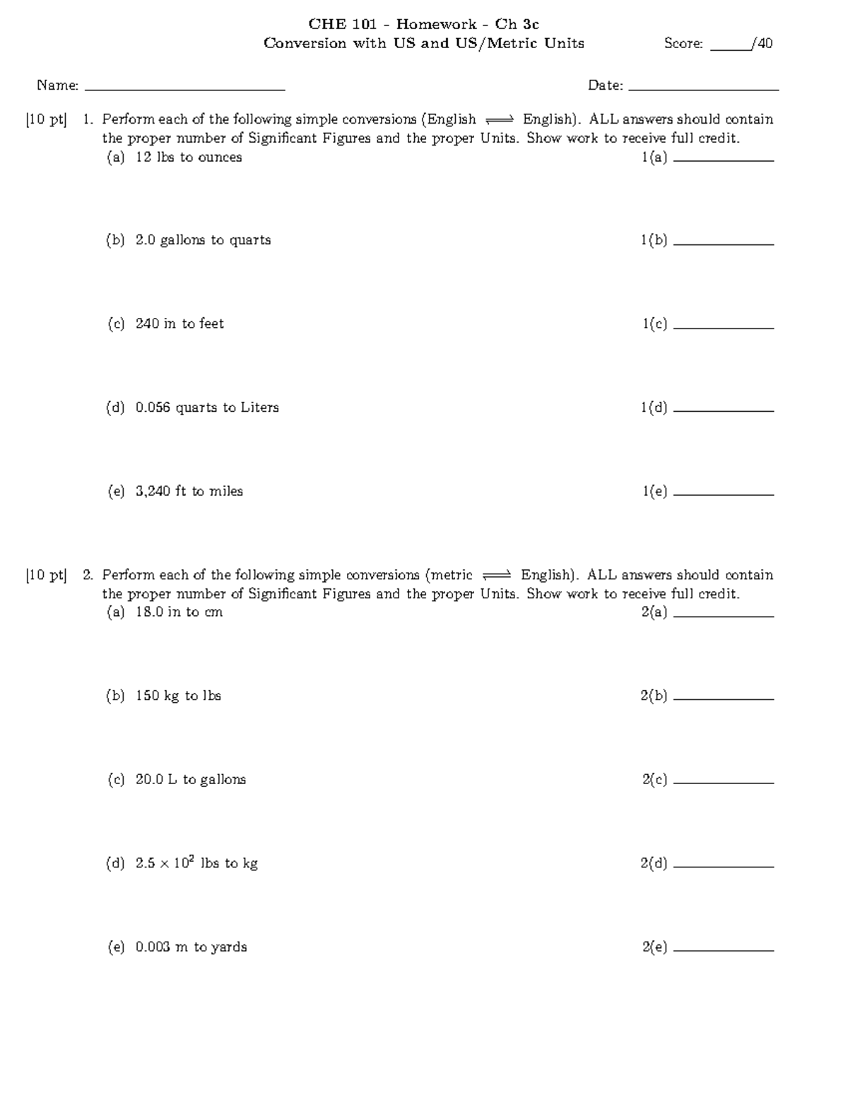 CHE101 Homework - CHE 101 - Homework - Ch 3c Conversion with US and US ...