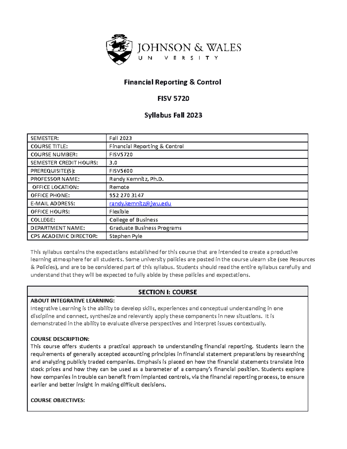 Fall 2023 Course Syllabus and Schedule FISV5720 - Financial Reporting ...