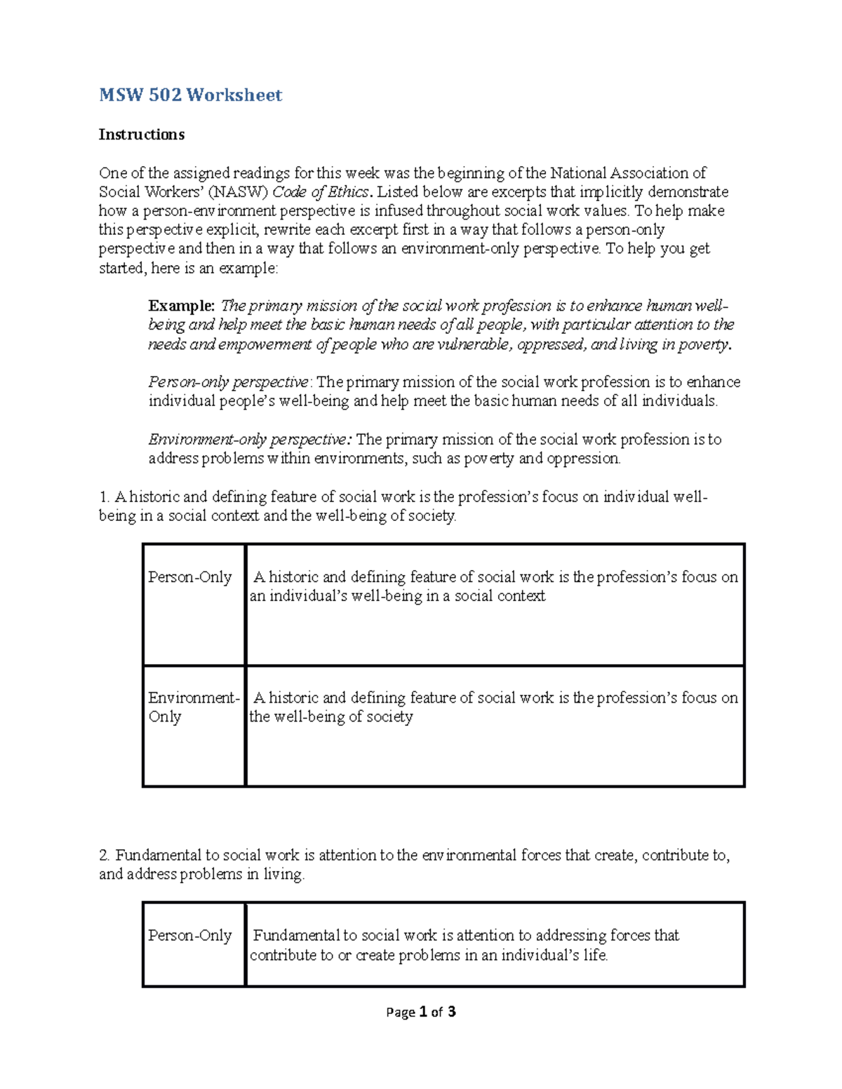 Worksheet Module 3 - MSW 502 Worksheet Instructions One of the assigned ...