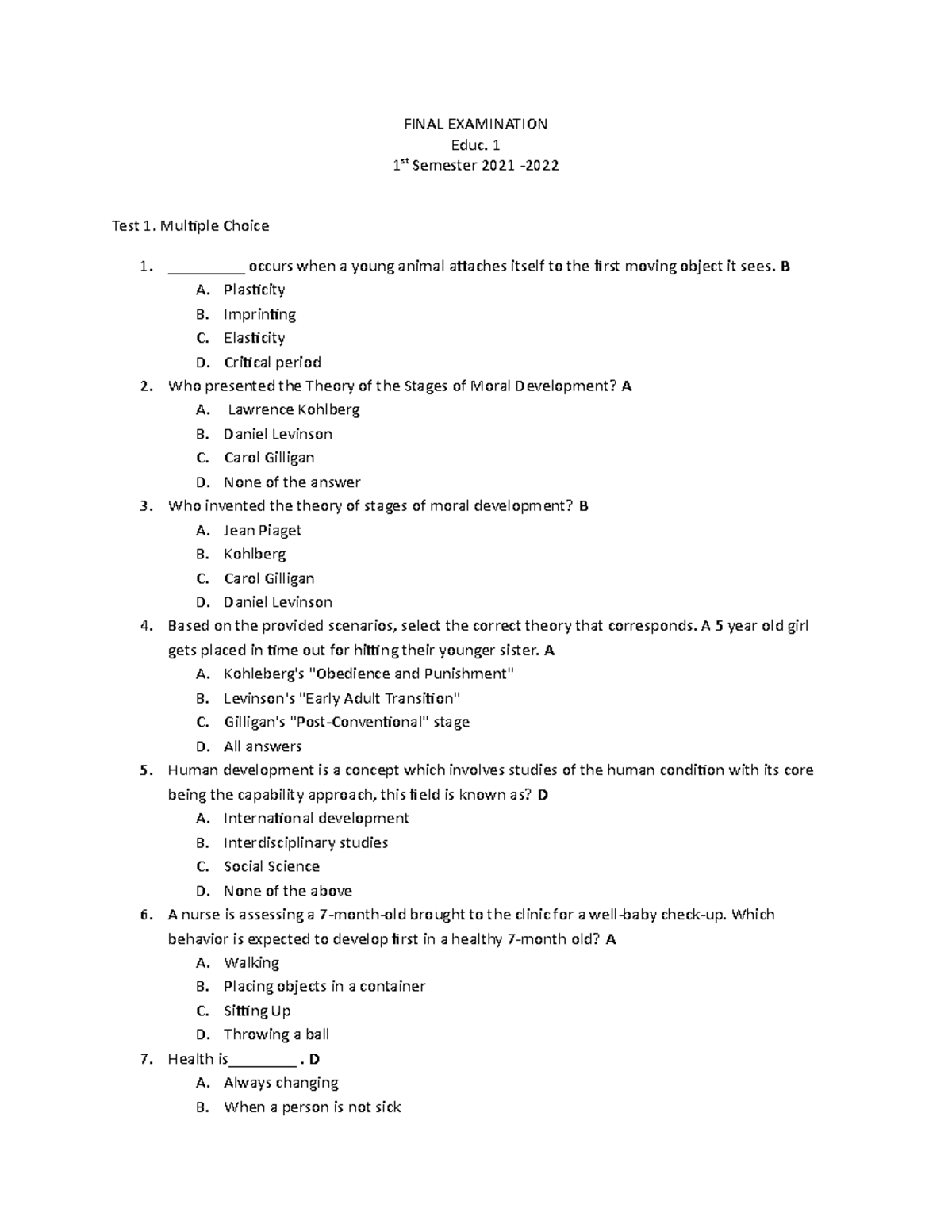 Final Exam - EDUC 1 - exam - FINAL EXAMINATION Educ. 1 1 st Semester ...