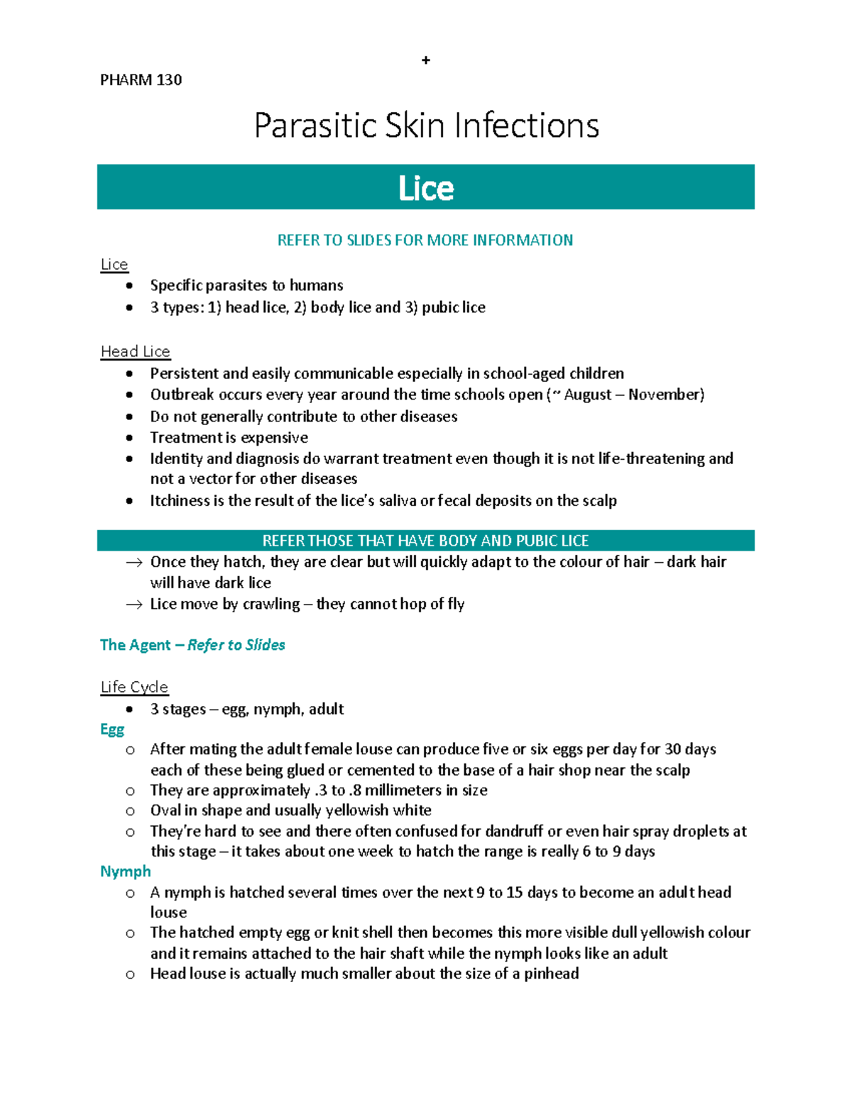 Lice Lecture Notes - PHARM 130 Parasitic Skin Infections Lice REFER TO ...