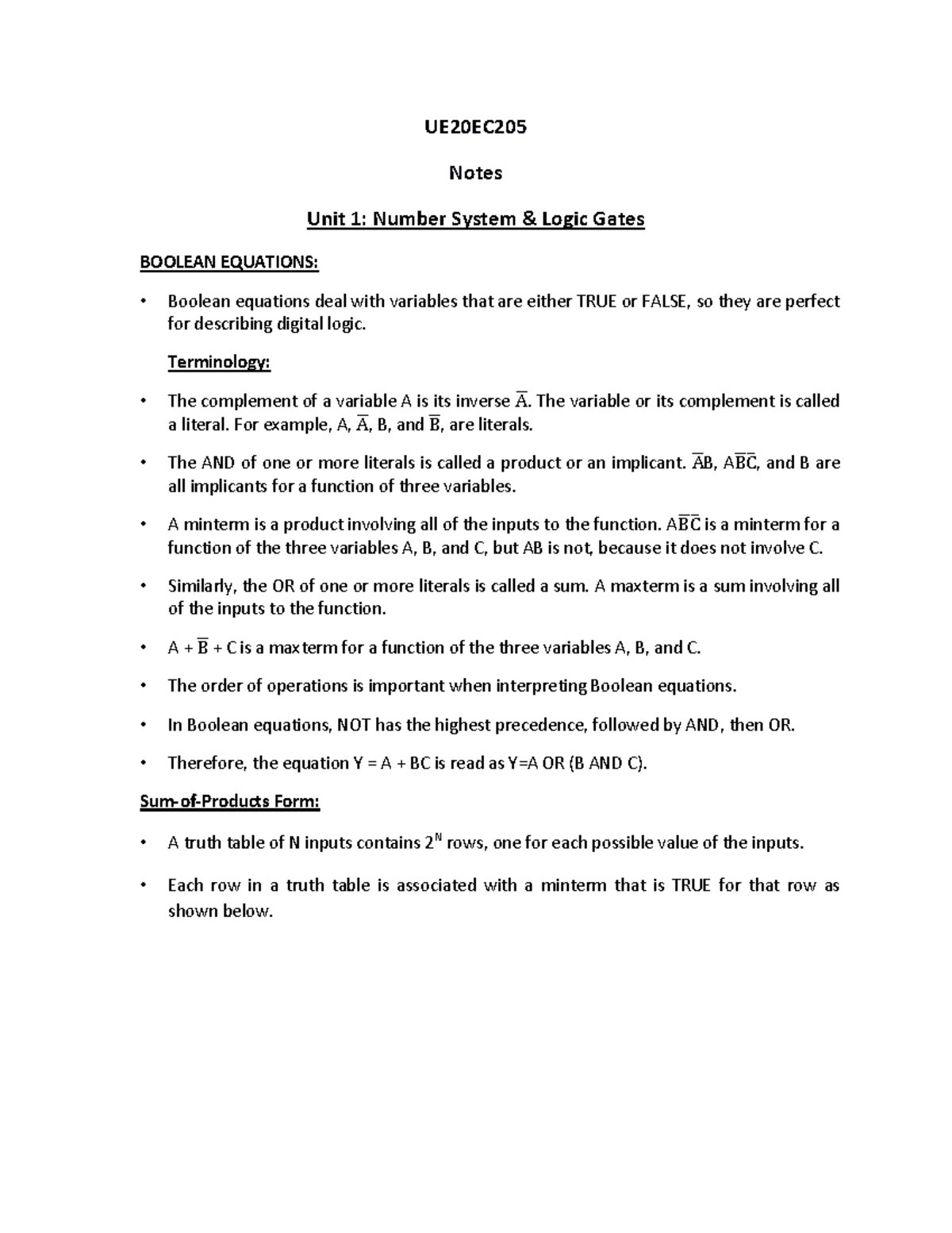 Boolean Algebra Unti 1 Ue20ec Notes Unit 1 Number System And Logic